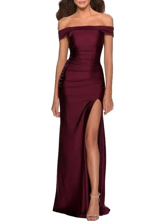 LABOMME Off-the-shoulder Gown With Tie Back And Slit - Dark Berry