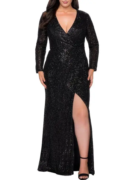 La Femme Long Sleeve Sequin Dress With Slit - Black