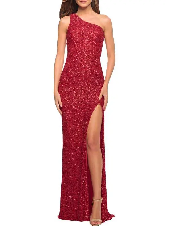 La Femme One Shoulder Sequined Gown With Slit - Red