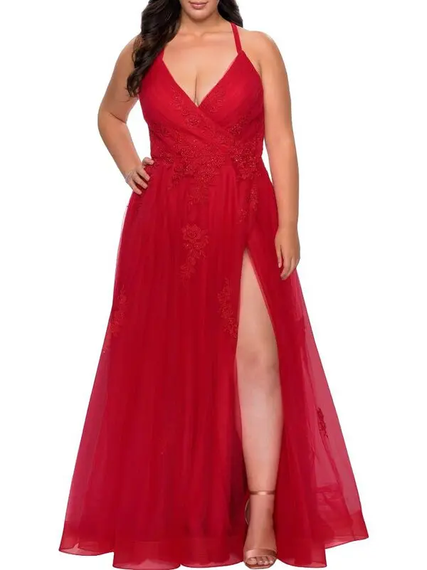 La Femme A-line Tulle Gown With Floral Detailing - Red