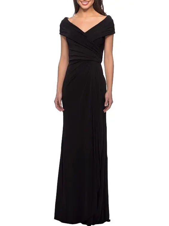 La Femme Ruched Jersey Long Gown With V-neckline - Black