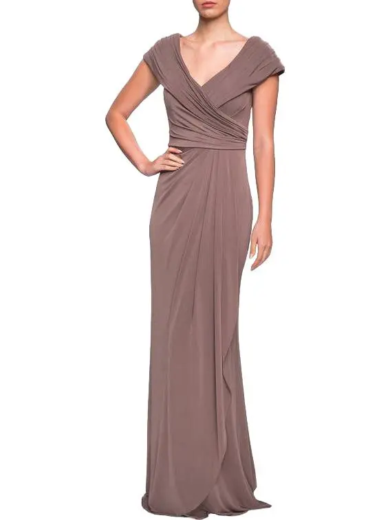 La Femme Ruched Jersey Long Gown With V-neckline - Cocoa