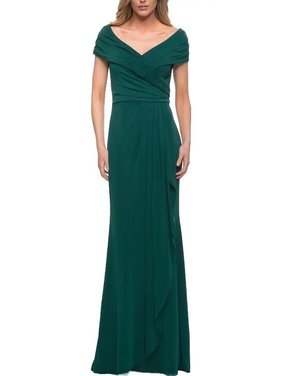 La Femme Ruched Jersey Long Gown With V-neckline - Emerald