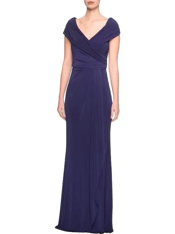 La Femme Ruched Jersey Long Gown With V-neckline - Navy