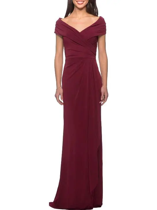 LABOMME Ruched Jersey Long Gown With V-neckline - Wine