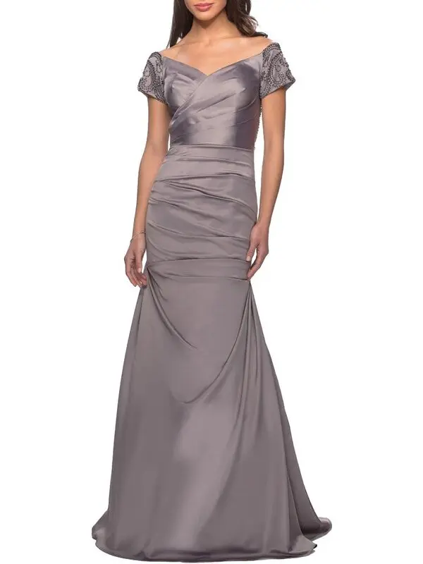 LABOMME Satin Off-the-shoulder Beaded Sleeve Gown - Silver