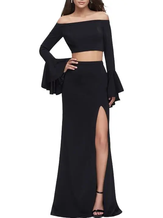 LABOMME Off The Shoulder Two-piece Gown With Flared Sleeves - Black