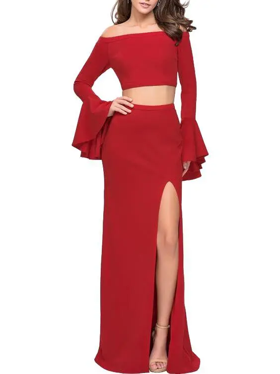 La Femme Off The Shoulder Two-piece Gown With Flared Sleeves - Red