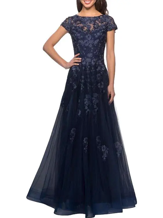 La Femme Long Tulle Gown With Lace Detailing - Navy