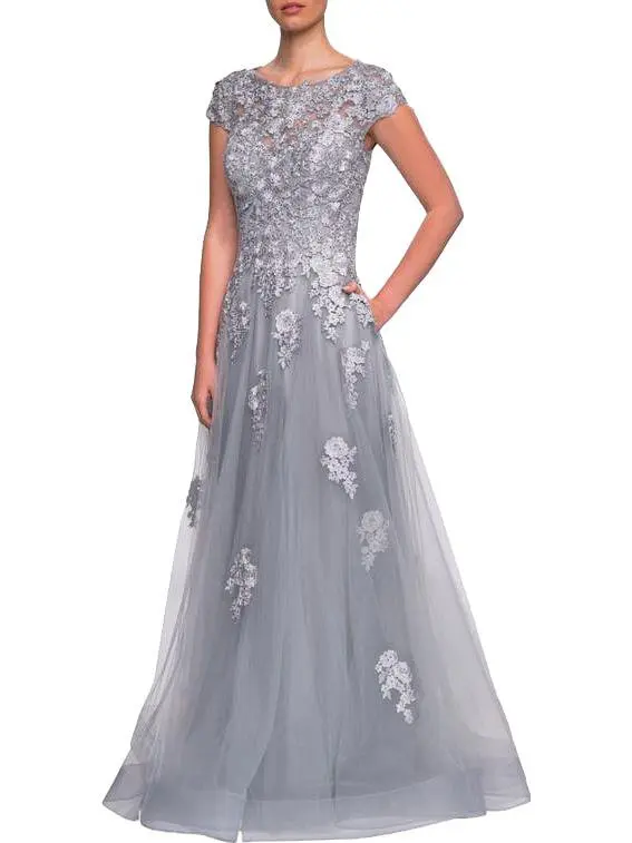 La Femme Long Tulle Gown With Lace Detailing - Silver