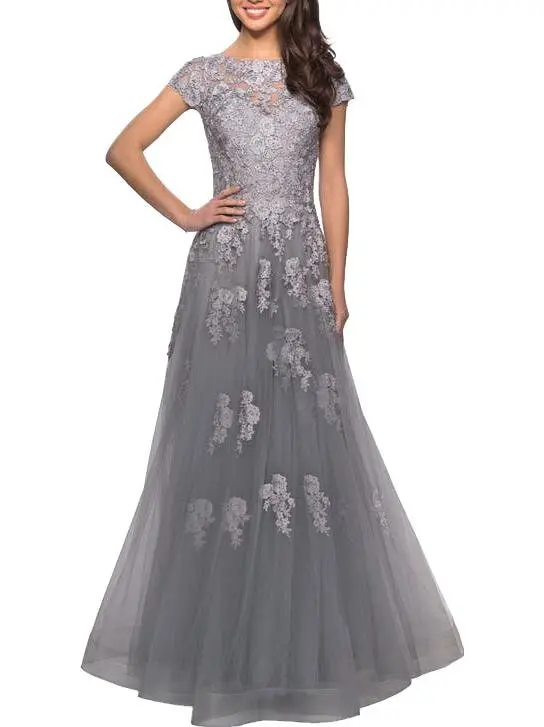 La Femme Long Tulle Gown With Lace Detailing - Silver