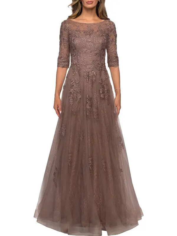 La Femme Lace And Tulle A-line Gown - Cocoa