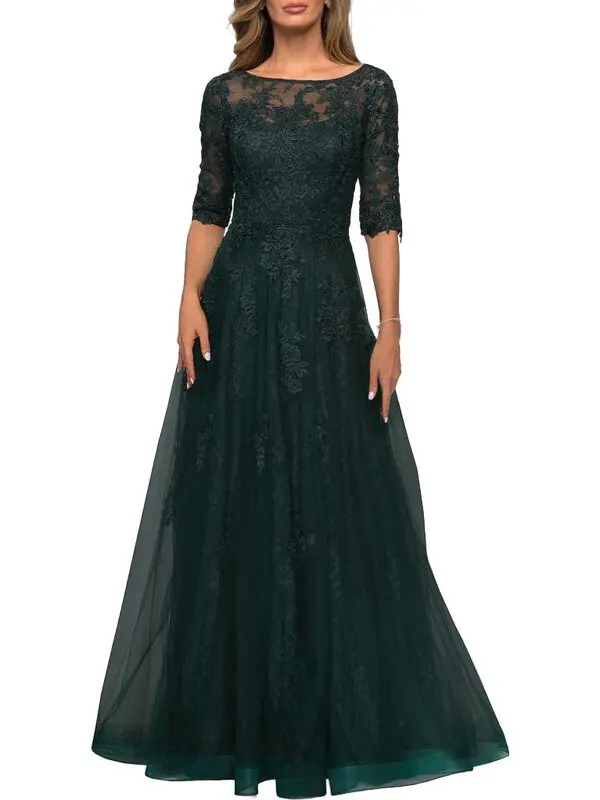 La Femme Lace And Tulle A-line Gown - Emerald