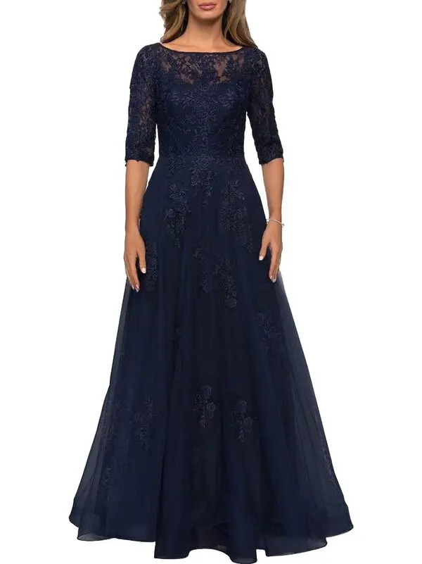 La Femme Lace And Tulle A-line Gown - Navy