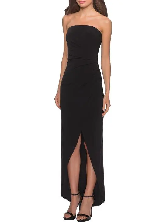 LABOMME Long Strapless Jersey Dress With Ruching - Black