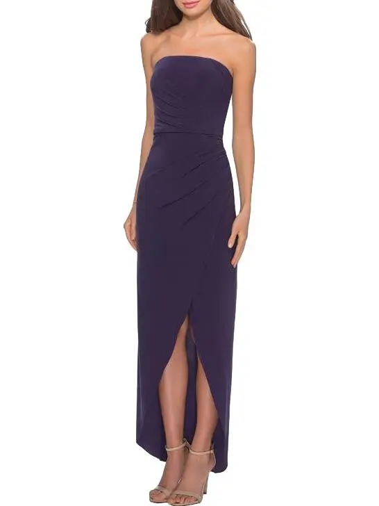 LABOMME Long Strapless Jersey Dress With Ruching - Dark Purple