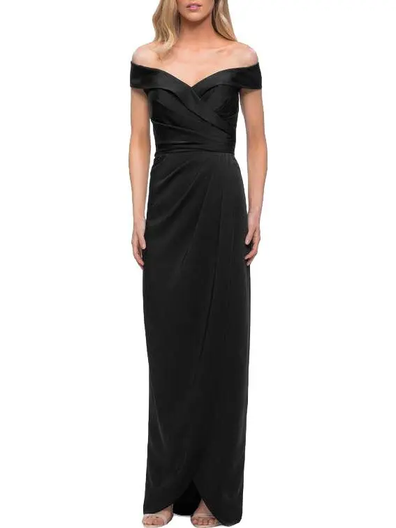 La Femme Long Jersey Dress With Ruching And Cap Sleeves - Black