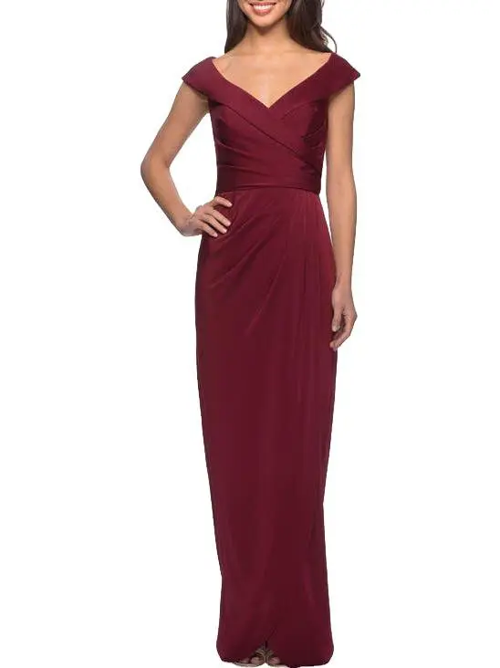 LABOMME Long Jersey Dress With Ruching And Cap Sleeves - Burgundy