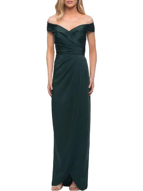 La Femme Long Jersey Dress With Ruching And Cap Sleeves - Emerald