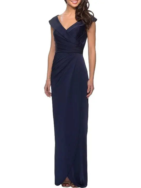 La Femme Long Jersey Dress With Ruching And Cap Sleeves - Navy