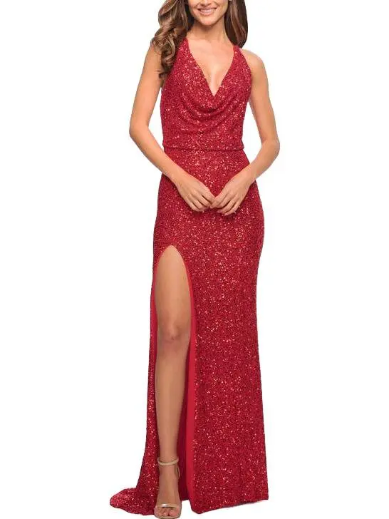 LABOMME Sequin Gown With Draped Neckline And Slit - Red