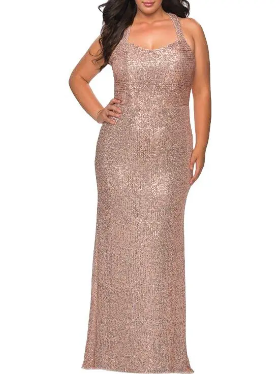 LABOMME Stretch Lace Gown With Criss Cross Back - Rose Gold