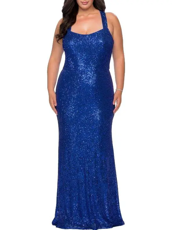 LABOMME Stretch Lace Gown With Criss Cross Back - Royal Blue