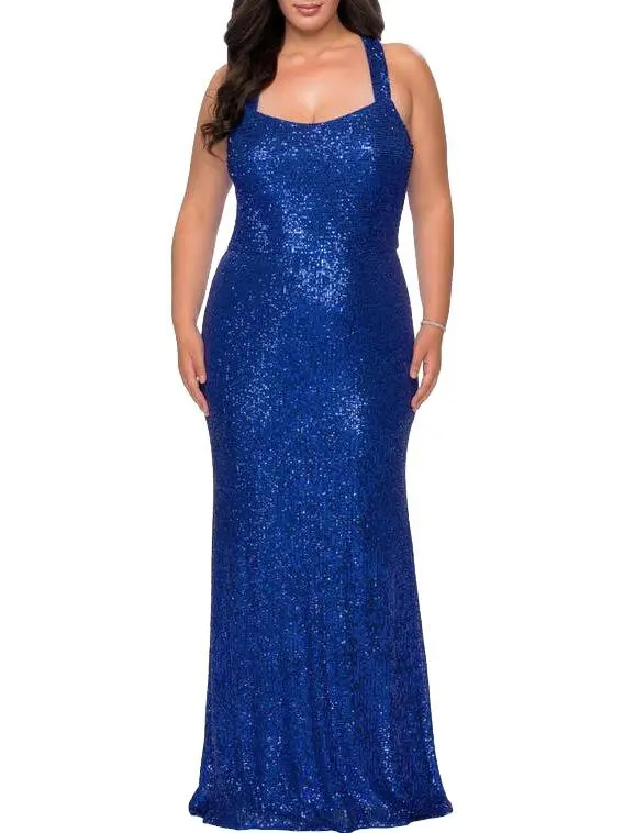 La Femme Stretch Lace Gown With Criss Cross Back - Royal Blue