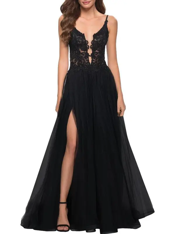 La Femme Tulle A-line Gown With Lace Bodice - Black