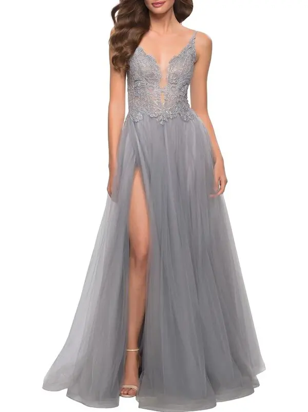 La Femme Tulle A-line Gown With Lace Bodice - Silver