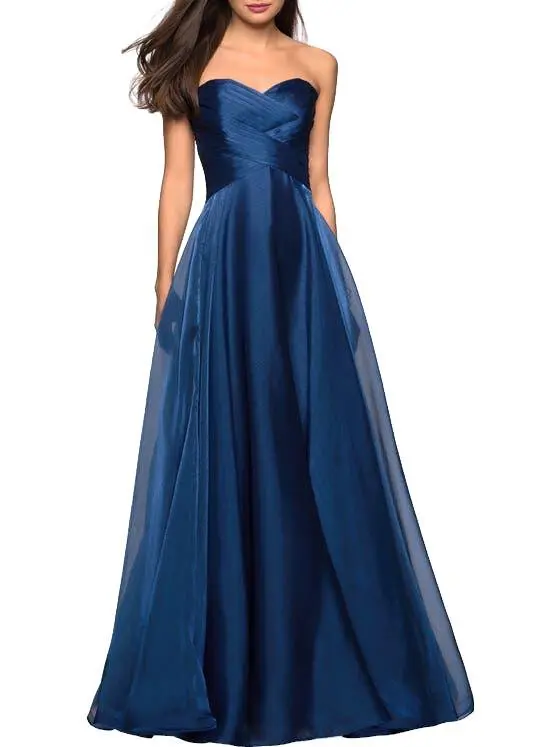 La Femme Strapless Chiffon Gown - Navy