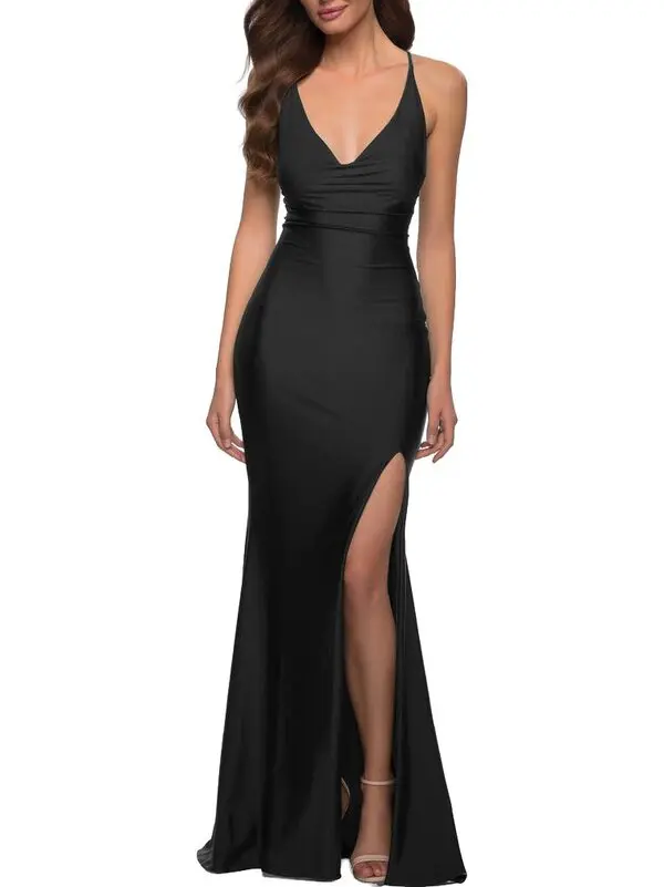 La Femme V-neck Jersey Prom Gown - Black