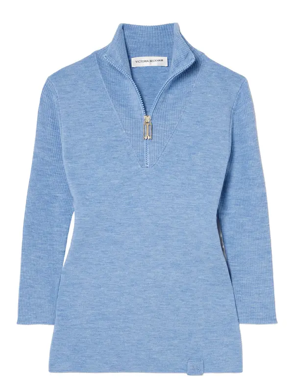 Victoria Beckham Ribbed Merino Wool-blend Half-zip Sweater - Blue