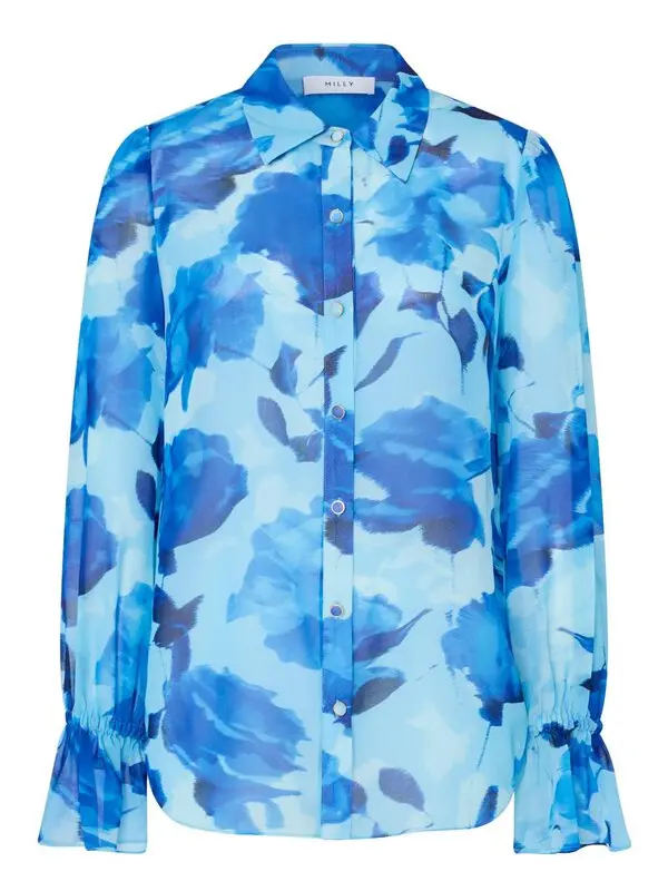 MILLY Lacey Blurred Blossom Printed Blouse - Blue