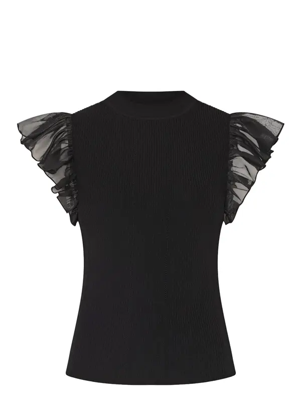 MILLY Chiffon Flutter Sleeve Knit Top - Black