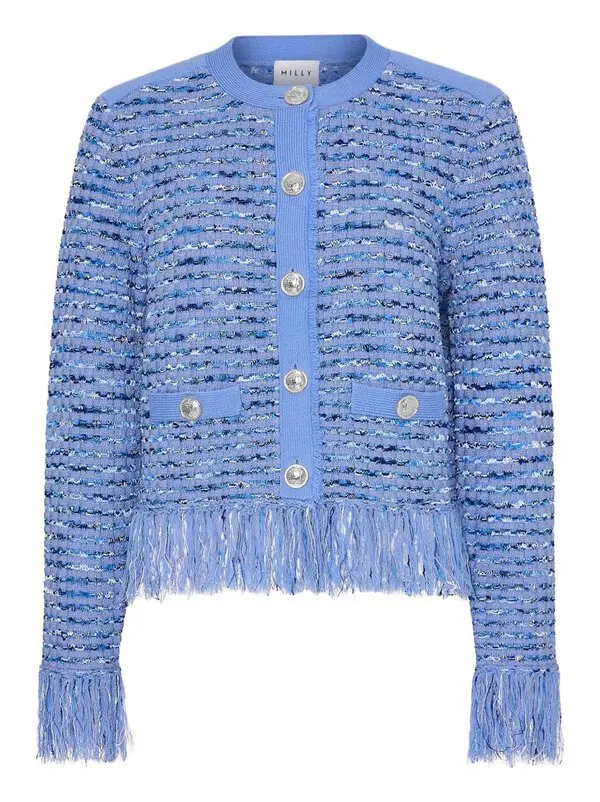 MILLY Fringe Trim Knit Cardigan - Blue