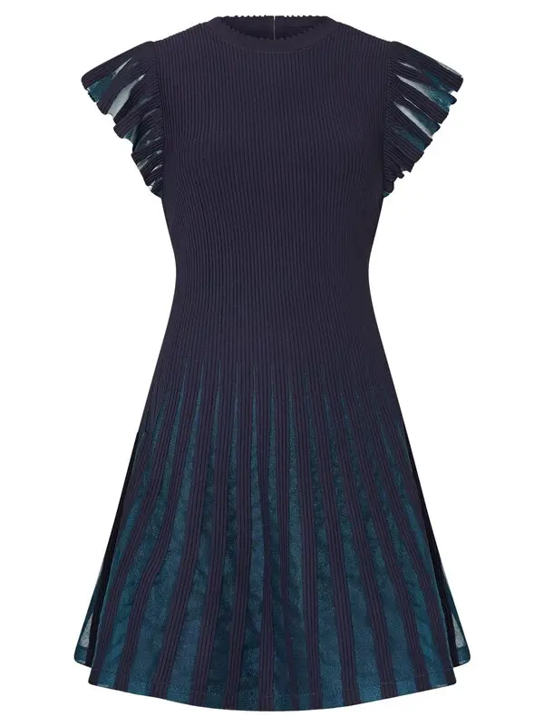 MILLY Knit Mini Dress With Flutter Sleeves - Navy