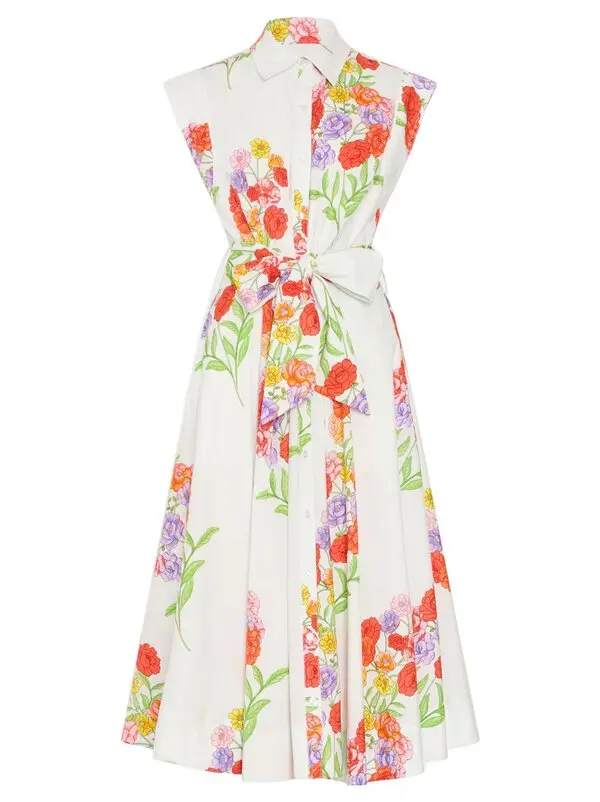 MILLY Jules Printed Poplin Midi Dress With Cap Sleeves And Self-tie - White