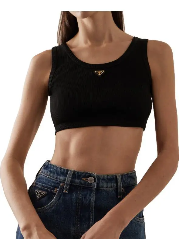 Prada Ribbed Cotton Jersey Crop Top - Black