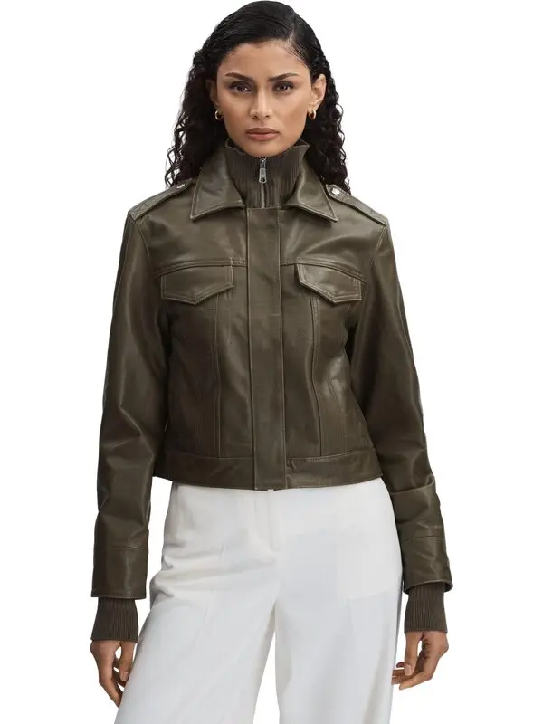 Paige Molina Leather Cropped Bomber Jacket - Moss Green