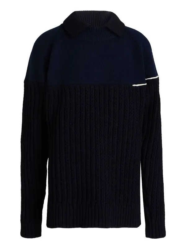 Victoria Beckham Ribbed Wool Polo Sweater - Navy