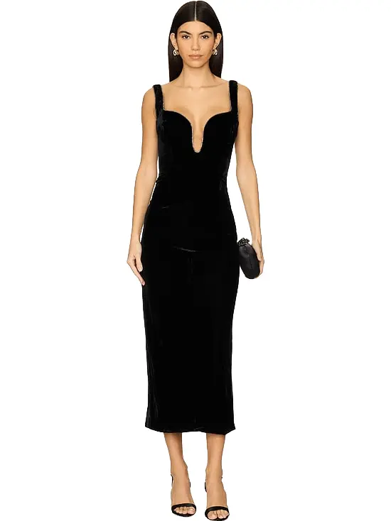 Bardot Brooklyn Velour Midi Dress - Black