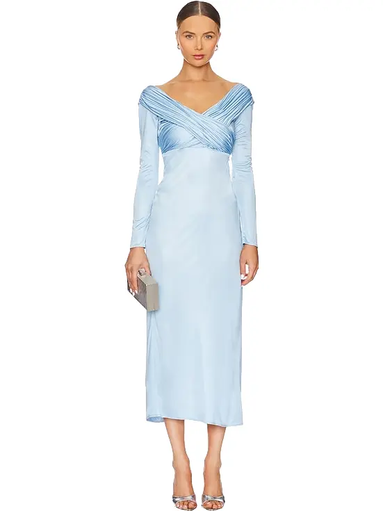 Alejandra Alonso Rojas Long Sleeve Draped Jersey Dress - Sky Blue