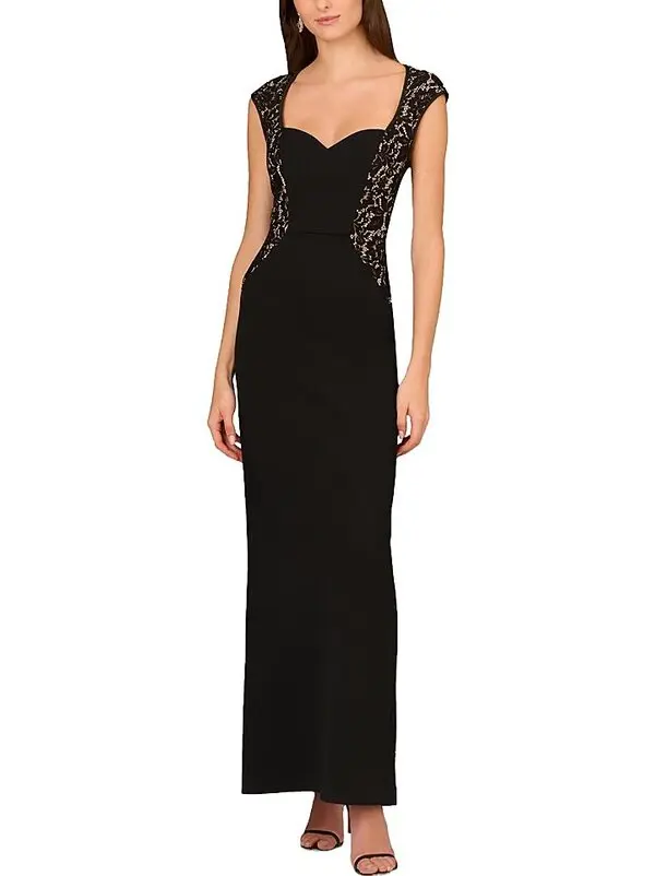 Aidan Mattox Lace Trim Column Gown - Black