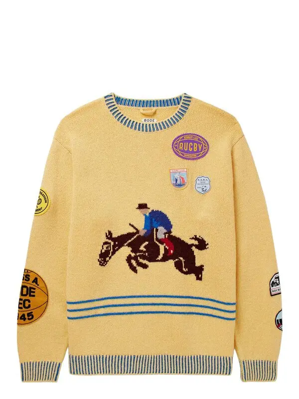 BODE Jockey Appliquéd Intarsia Alpaca And Wool-blend Sweater - Yellow