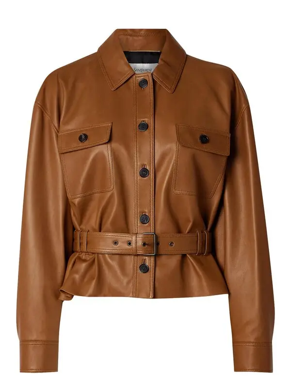 Saint Laurent Belted Leather Jacket - Brown