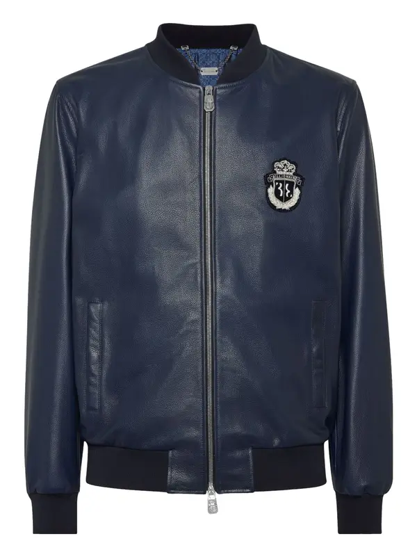 BILLIONAIRE Leather Bomber Jacket - Blue