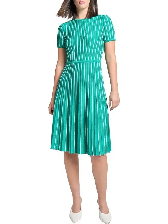 Ming Wang Modern Fit Stripe A-line Knit Dress - Emerald Awe/ White