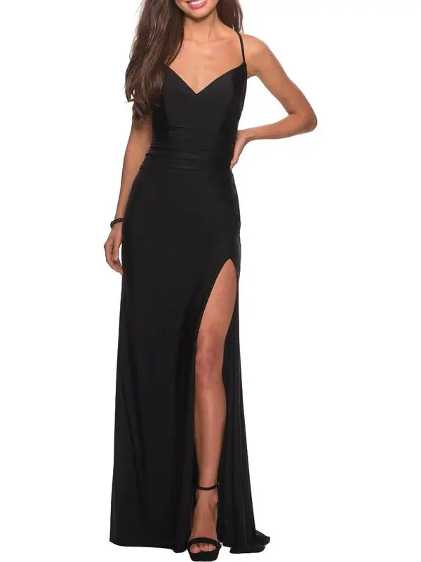 LABOMME Long Jersey Dress With Slit And Criss Cross Back - Black