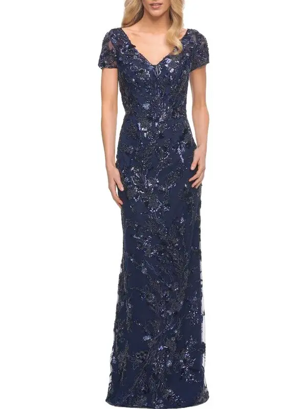 La Femme Beaded Long Gown With V-neckline - Navy